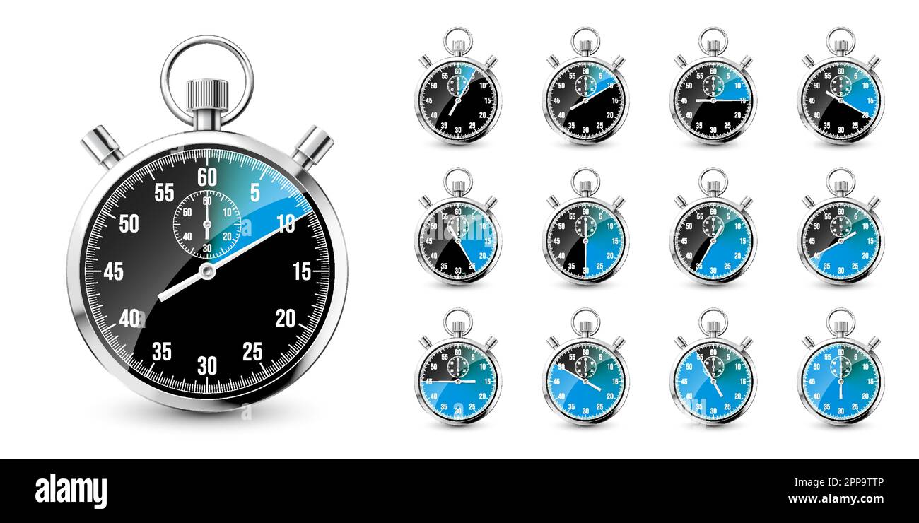 Realistic classic stopwatch. Shiny metal chronometer, time counter with ...