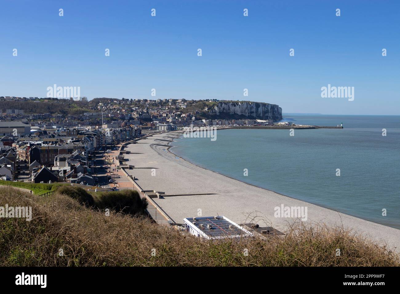 Aerial cliff top view looking towards Le Treport from Mers-le-Bains in ...