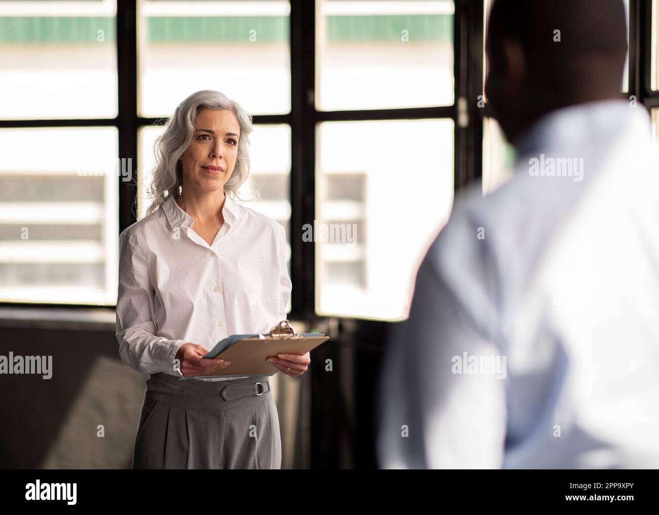 Female Headhunter Meeting With Employee Holding Folder In Modern Office ...