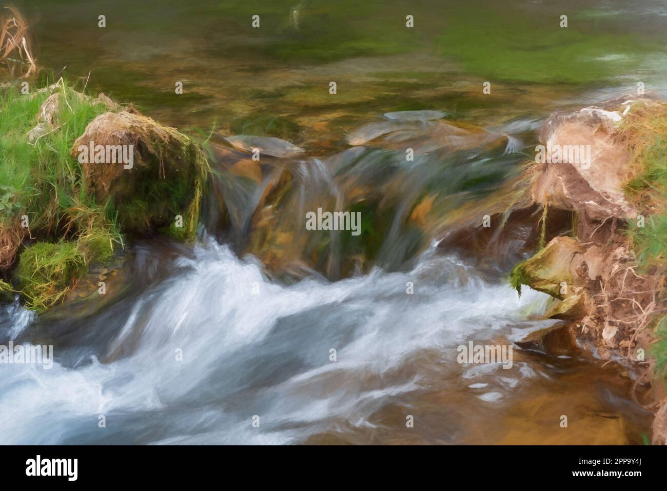 Digital painting of flowing water, and waterfall cascades on the River ...