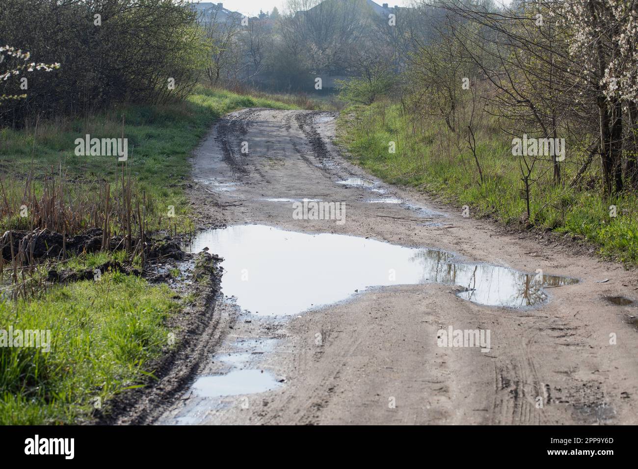 Mud, puddles, a country road after rain. Soggy ground Stock Photo - Alamy