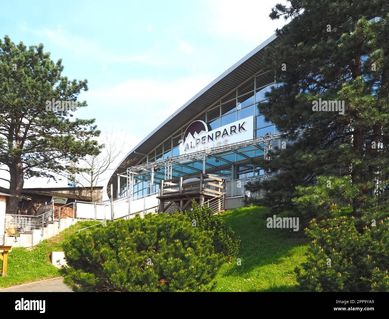 ski hall architecture in the Alpenpark Neuss in Germany with solar ...