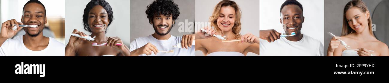 Dental Care. Happy Multiethnic People Pouring Toothpaste On Toothbrush ...