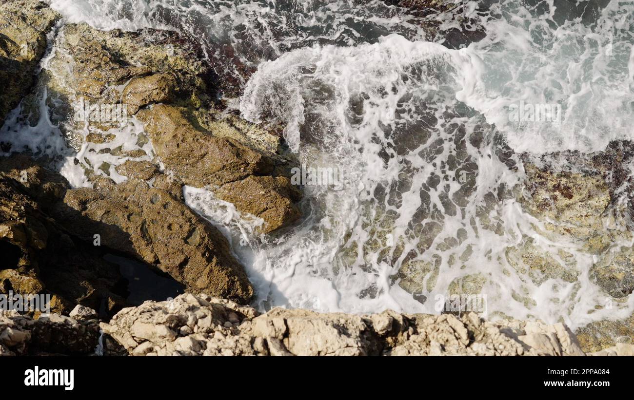 Azure waves of mediterranean sea splashing on French Riviera coast ...