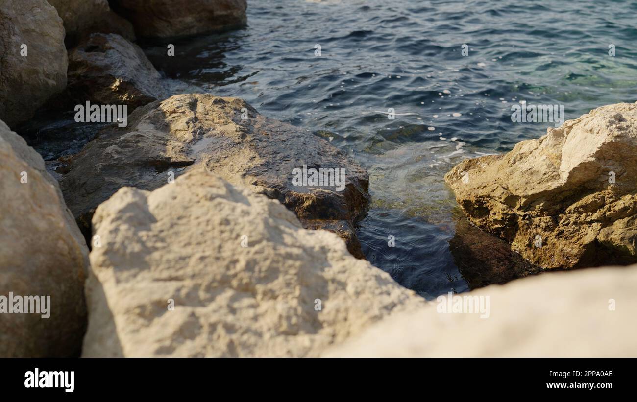 Azure waves of mediterranean sea splashing on French Riviera coast ...