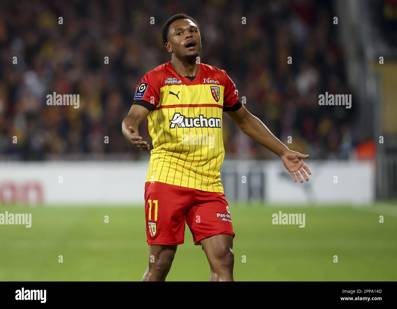 Lois Openda of Lens celebrates his second goal during the French ...