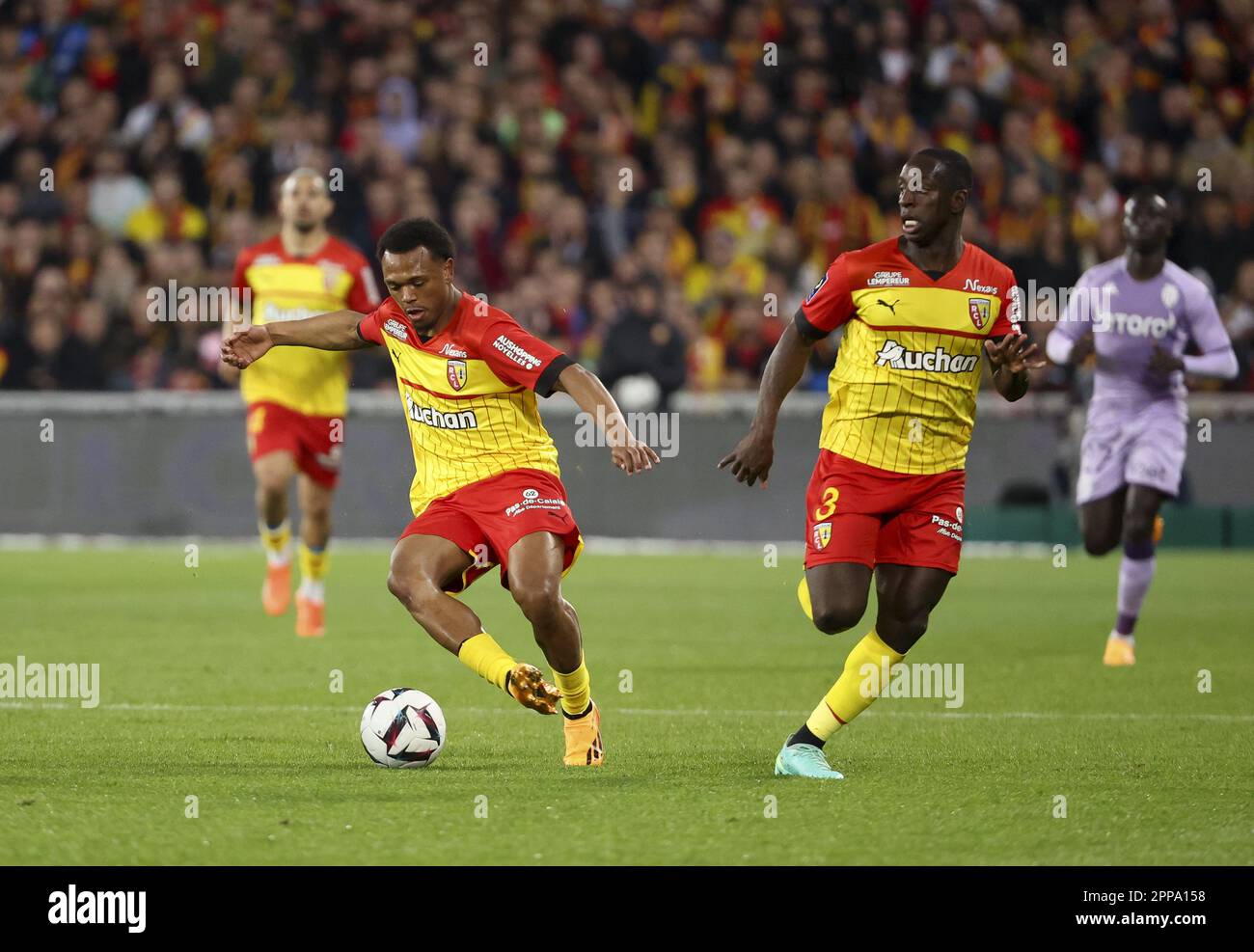 Lois Openda, Deiver Machado of Lens during the French championship ...