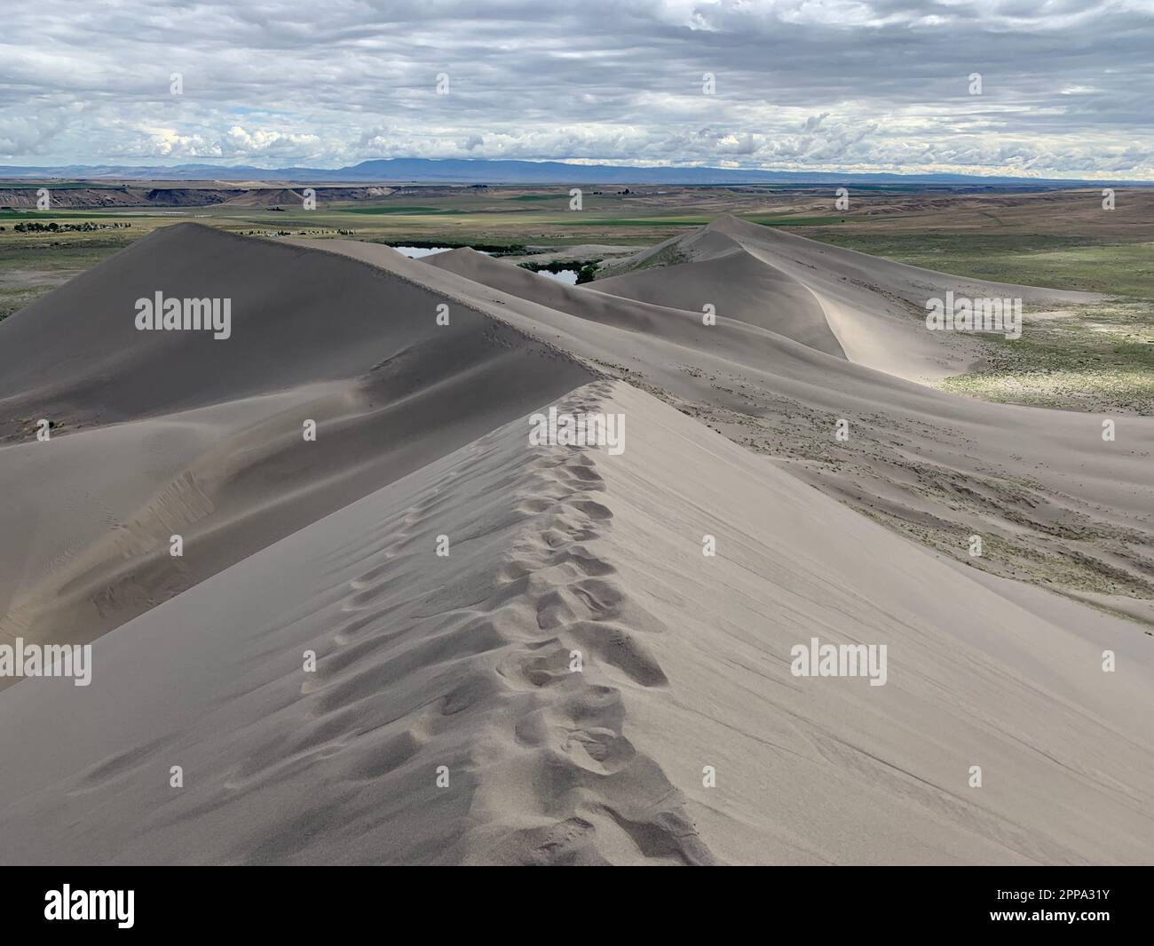 A scenic view of a landscape featuring an expansive desert of sand ...