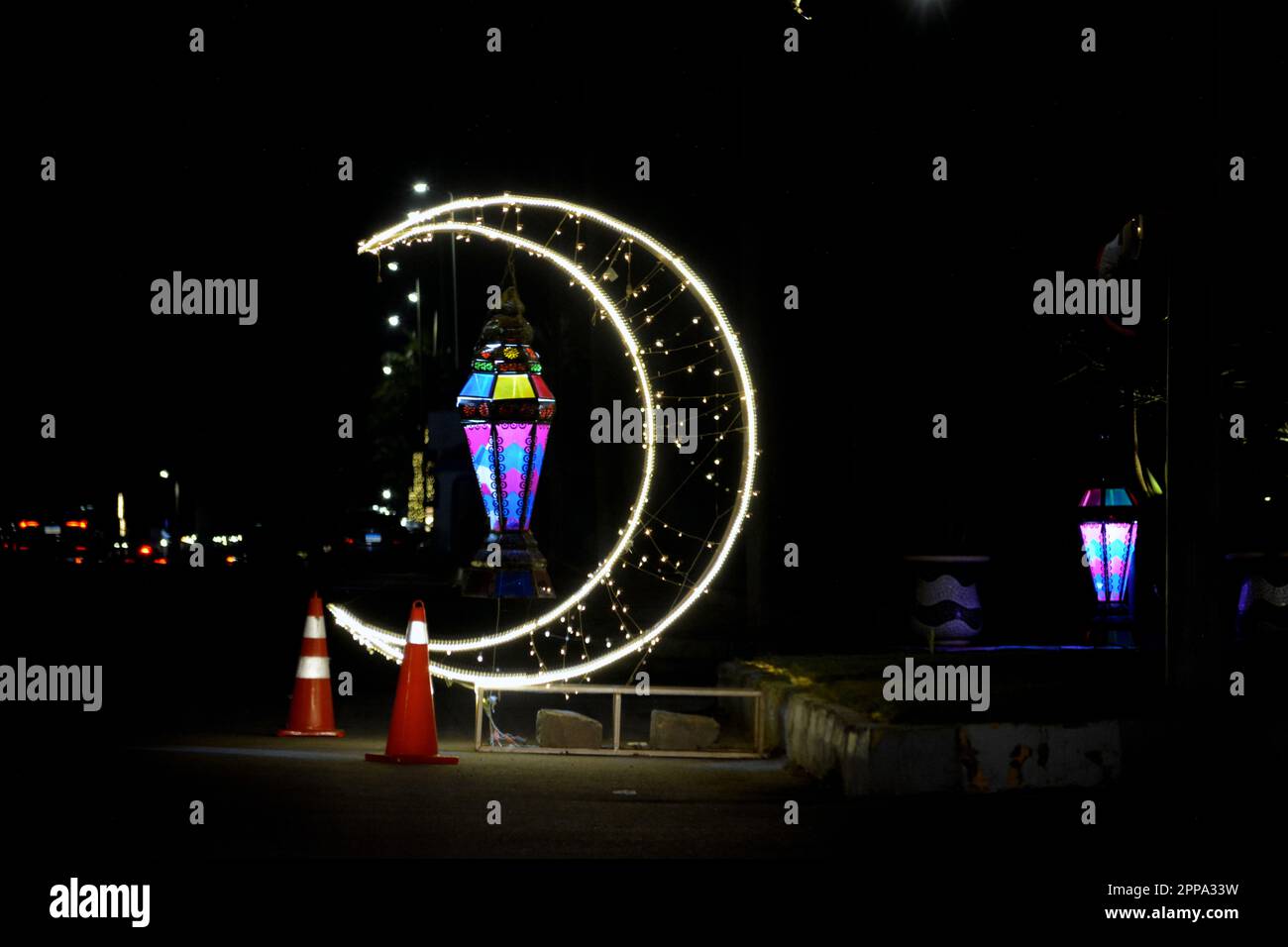 Cairo, Egypt, April 17 2023: A crescent made with led lights with ...