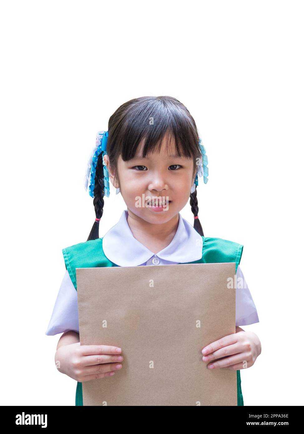 Asian kid girl holding a brown envelope over white background Stock ...