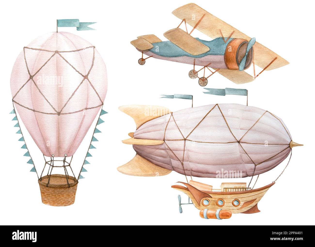 Watercolor illustration of childrens set of flying vehicles. Airship ...