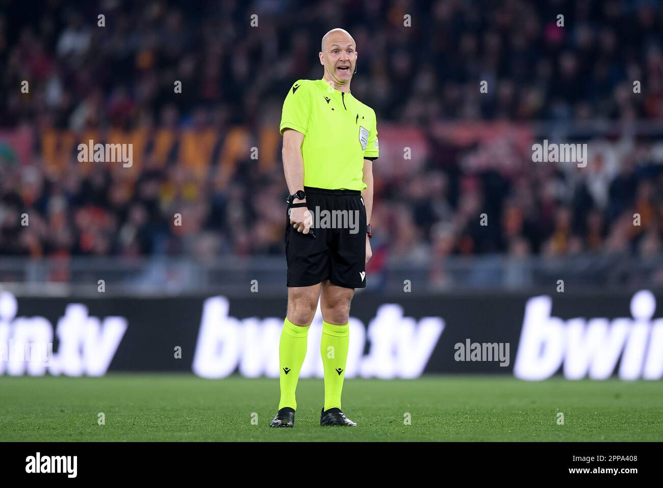 Referee Anthony Taylor looks on during the UEFA Europa League Quarter ...
