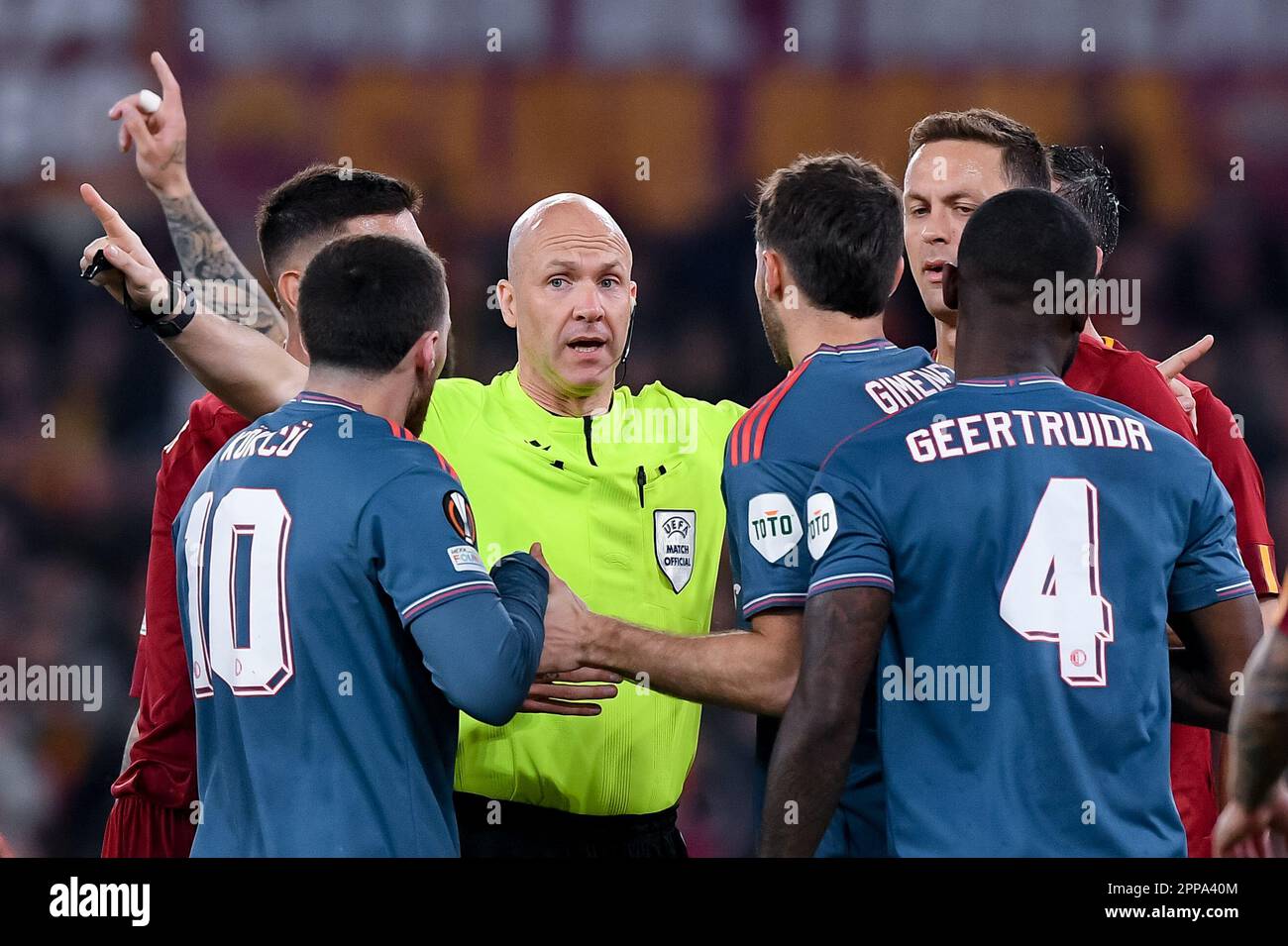 Referee Anthony Taylor gestures during the UEFA Europa League Quarter ...