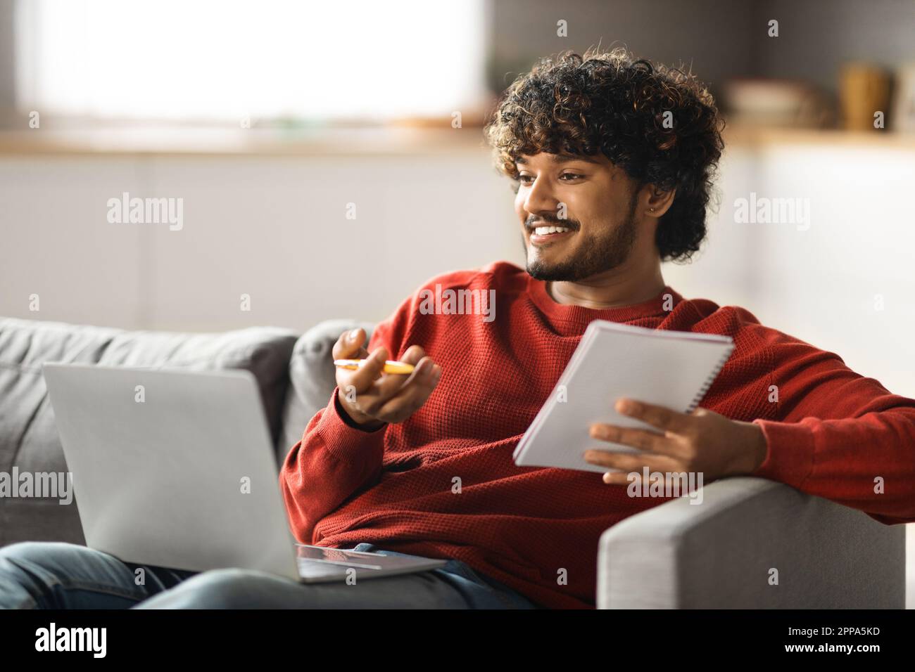 Distance Learning. Smiling Indian Male Student Attending Online Course ...