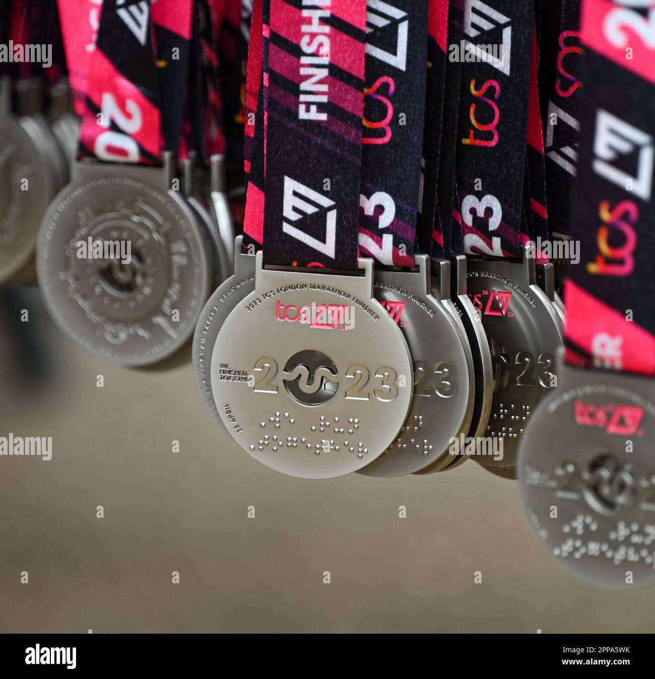 London, England. 23 April, 2023. Finishers medals awaiting the runners ...