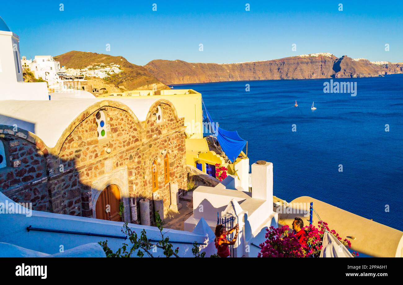 Seaside amazing panorama from roof terrace in Oia- a coastal town on ...