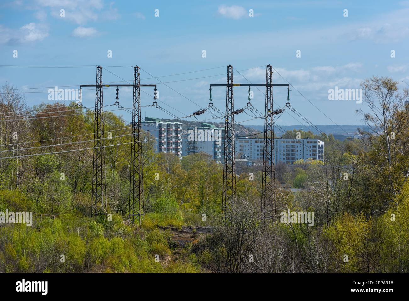 High voltage power lines going through a park outside a city Stock ...