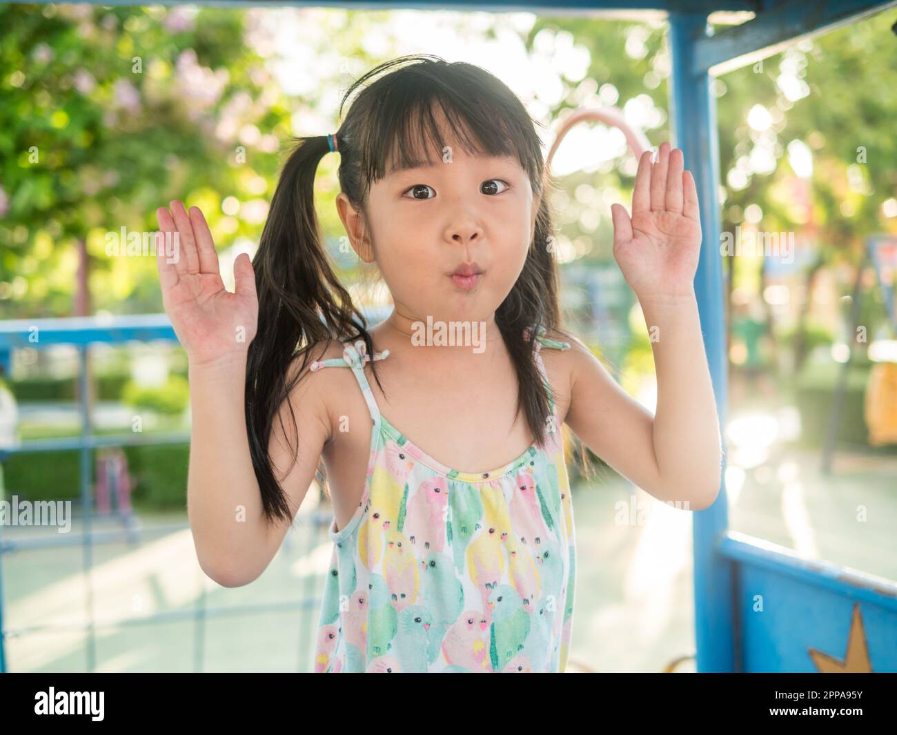 asian baby child playing on playground, in sunset light, peekaboo ...