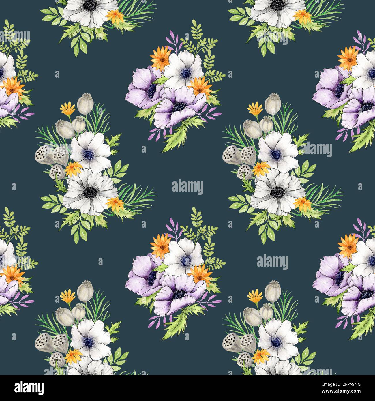 Watercolor Seamless Pattern With Anemone Flowers Illustration Of A Bouquet Of Anemones