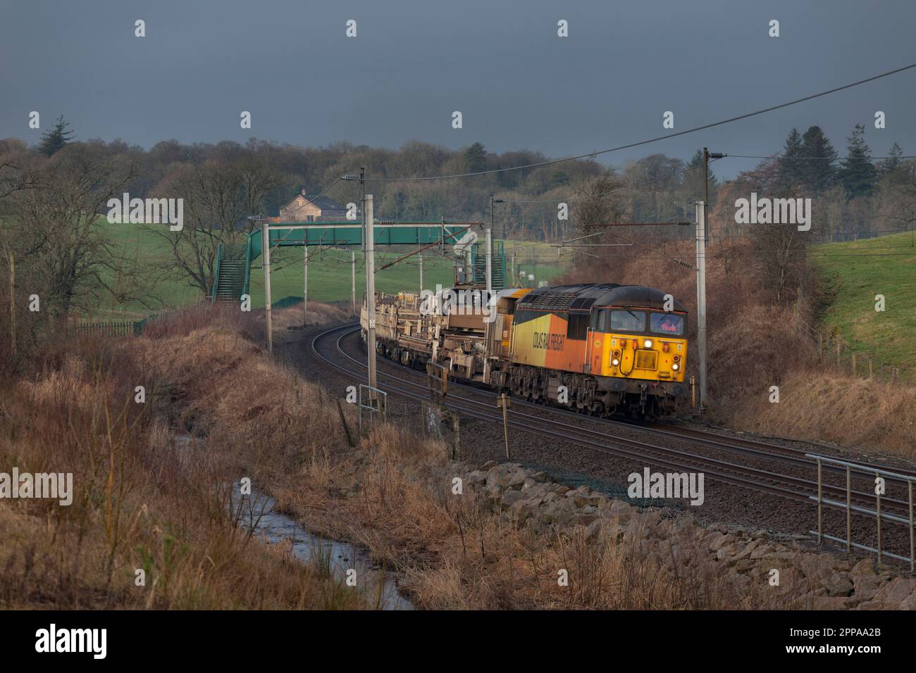 Colas Railfreight class 56 locomotive 56096on the west coast mainline in Cumbria with a train ...