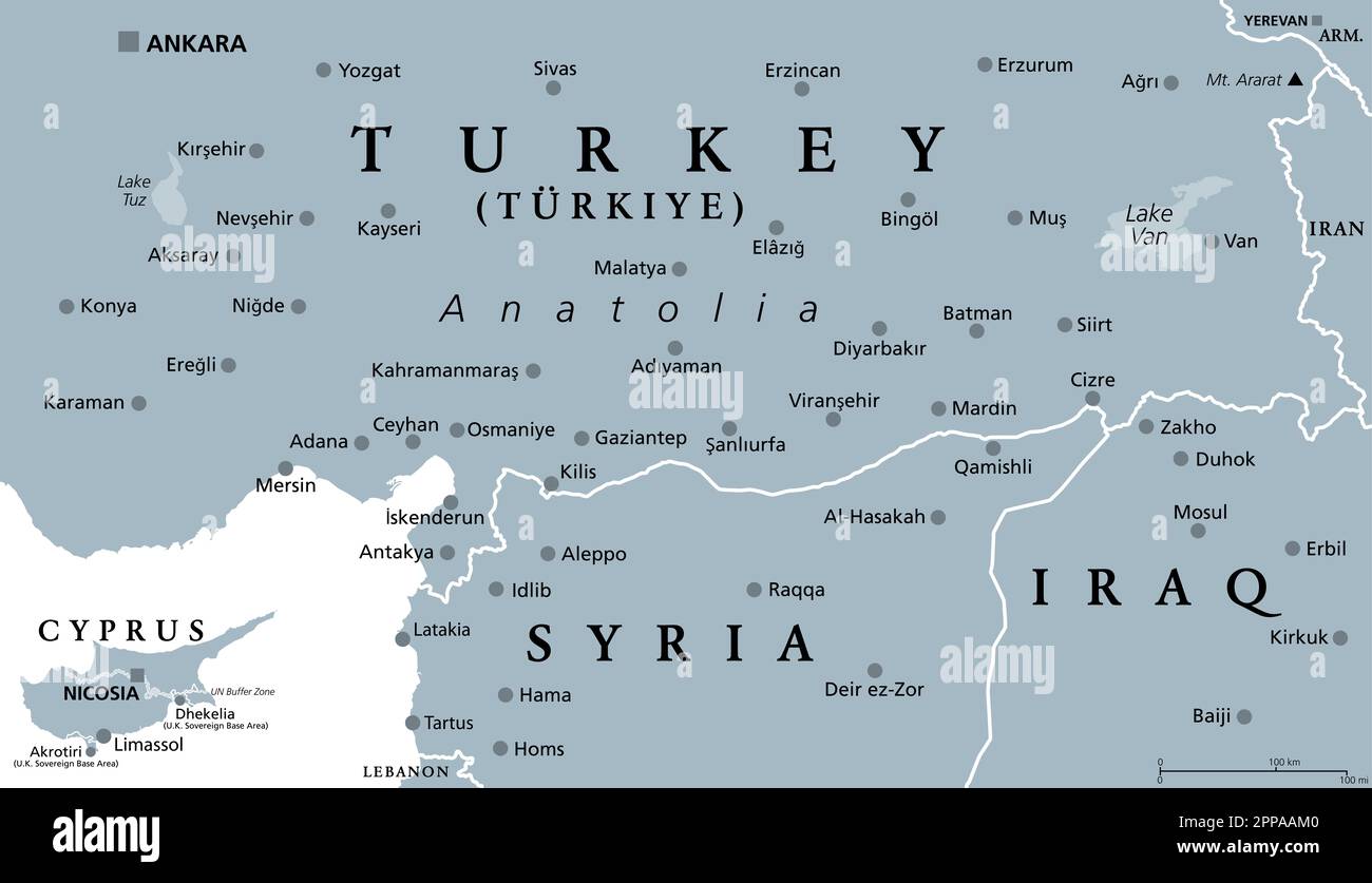 Part of the Turkish peninsula of Anatolia, gray political map ...