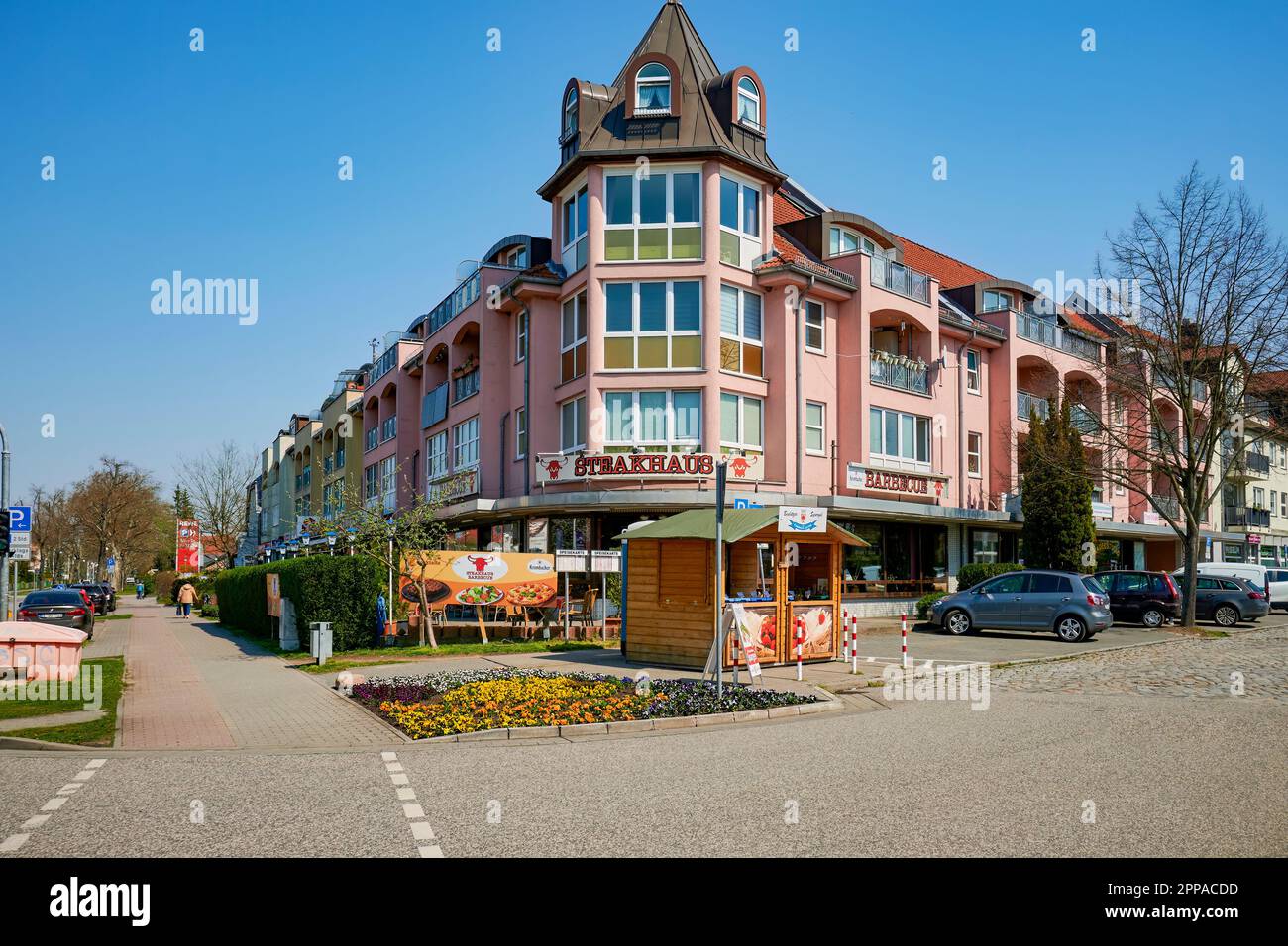 Mahlow, Germany - April 21, 2023: Street view with shops in a small ...