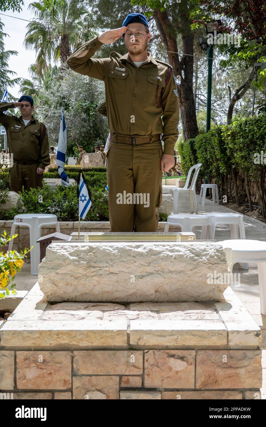 Jerusalem, Israel. 23rd Apr, 2023. IDF soldiers place small Israeli ...