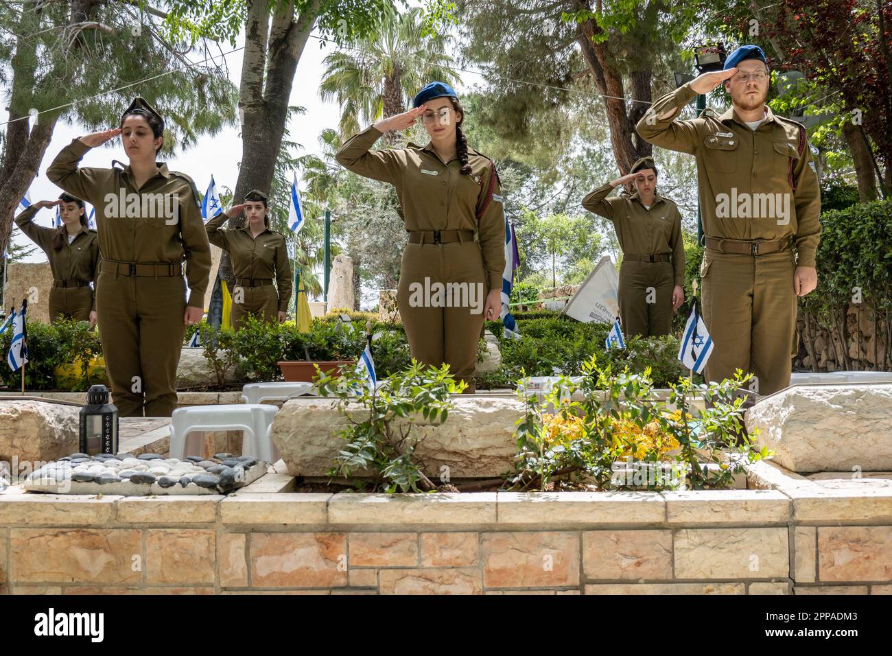 Jerusalem, Israel. 23rd Apr, 2023. IDF soldiers place small Israeli ...