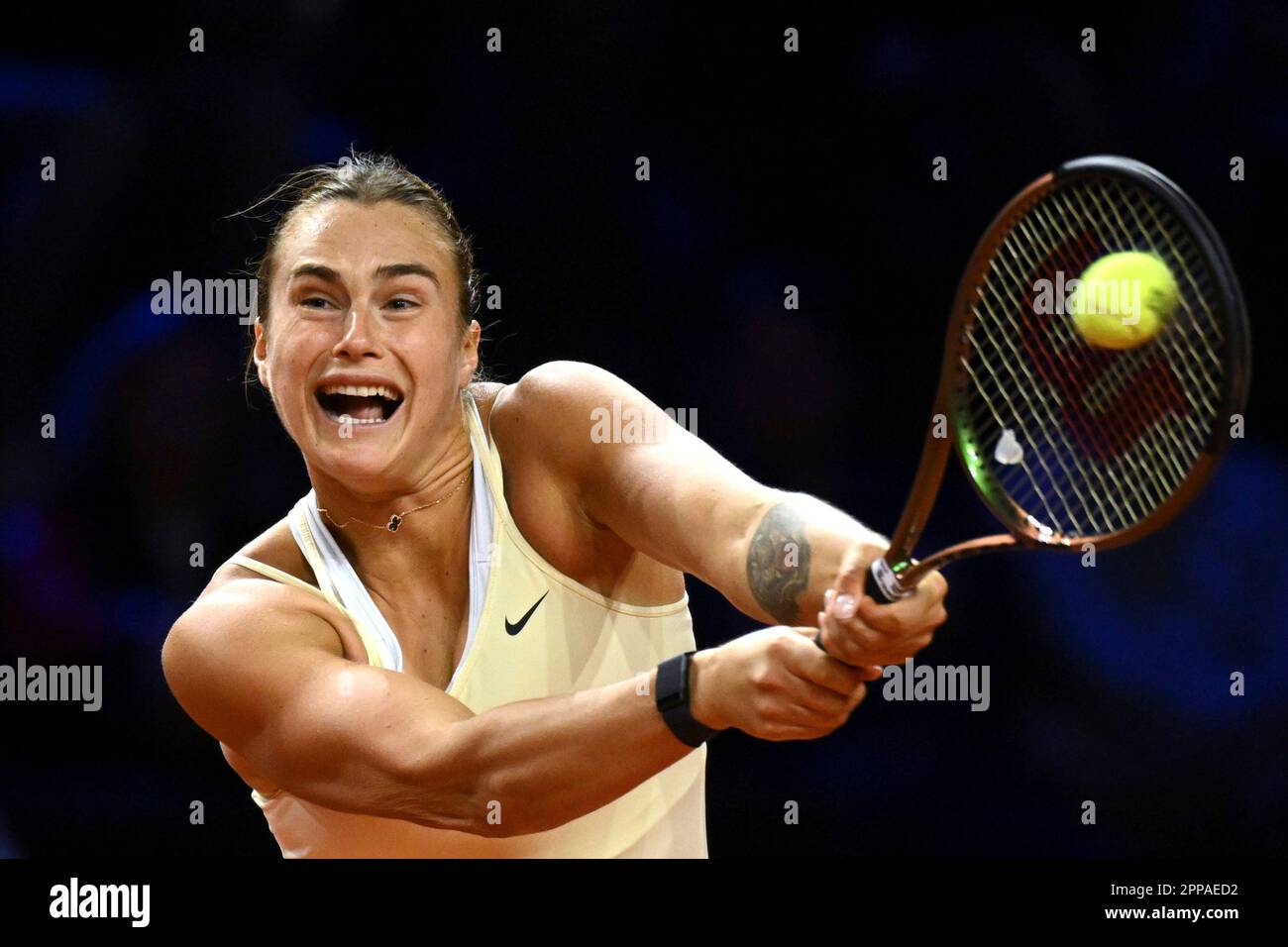 Belarus' Aryna Sabalenka returns a ball to Poland's Iga Swiatek during the WTA women's singles ...