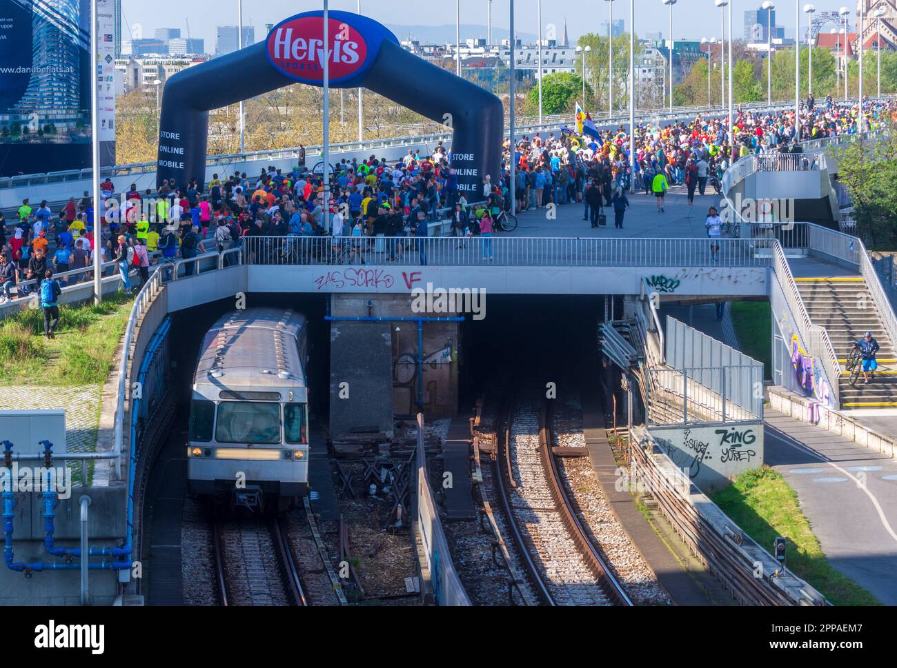 Vienna: start of 40. Vienna City Marathon, runner, subway line U1 ...