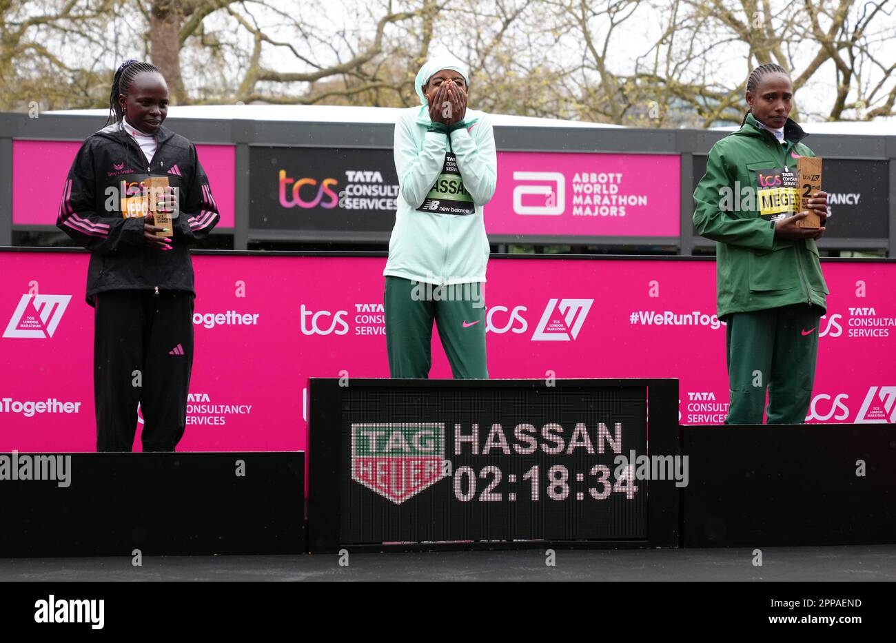 Sifan Hassan (Winner), Alemu Megertu (Second) and Peres Jepchirchir ...