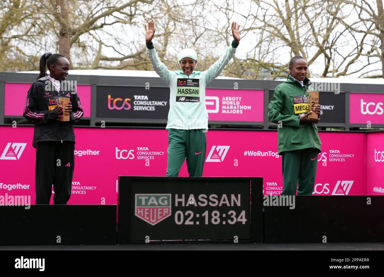 Sifan Hassan (Winner), Alemu Megertu (Second) and Peres Jepchirchir (Third) after the Women's ...