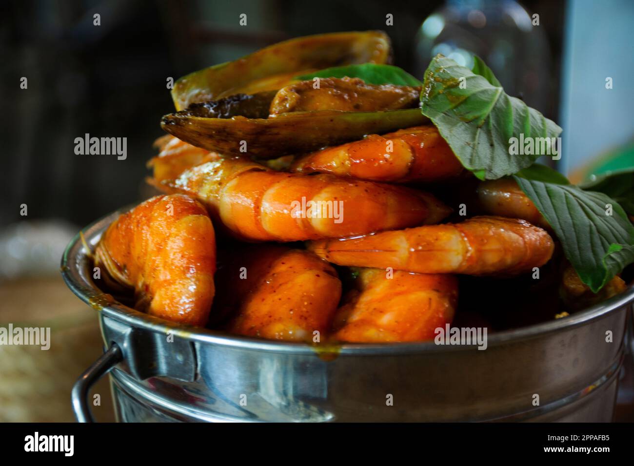 Traditional fusion thai food gourmet seafood bucket or fried curry ...