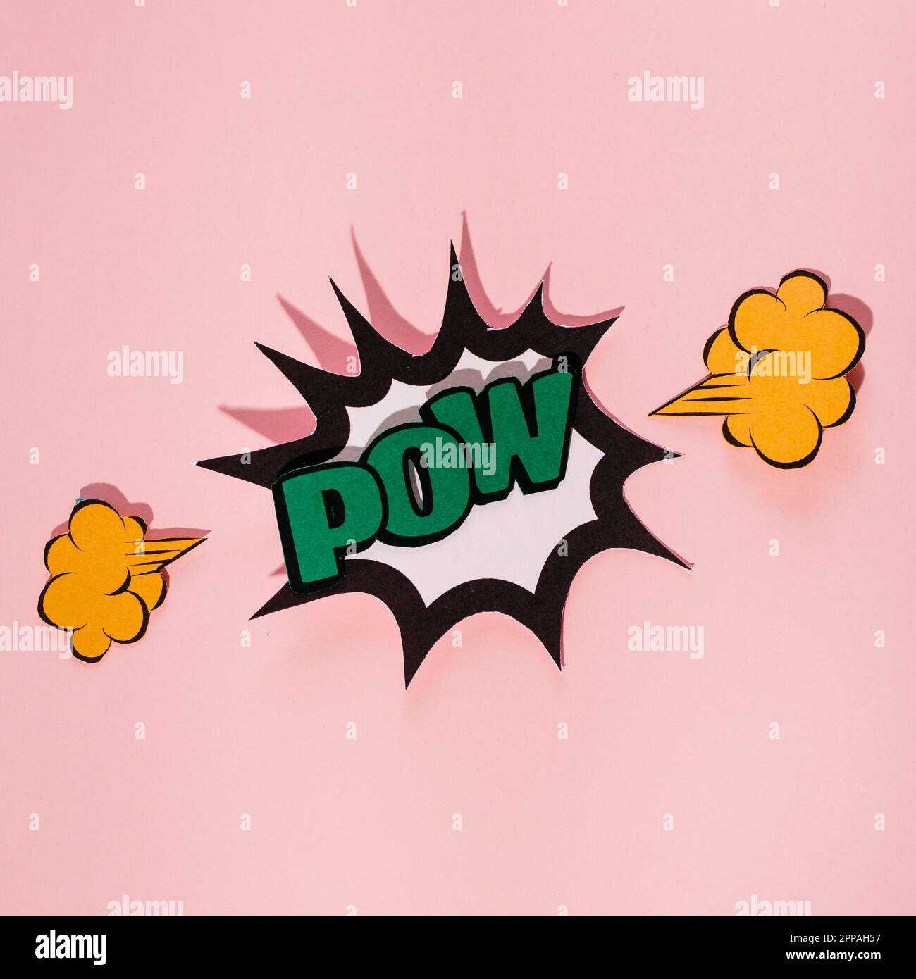 Explode speech bubble with green pow text against pink background Stock ...