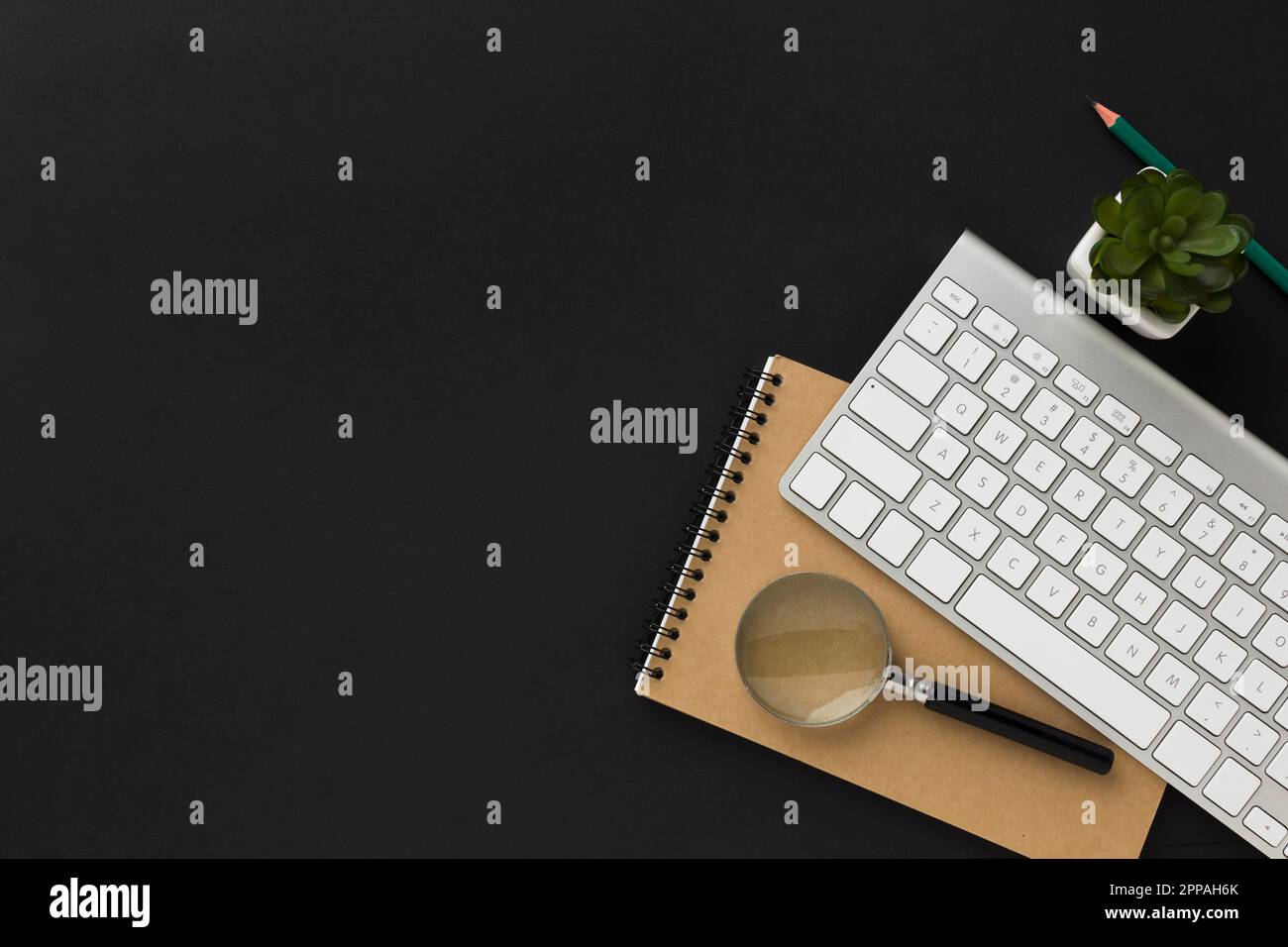 Flat lay work desktop with notebook keyboard Stock Photo - Alamy