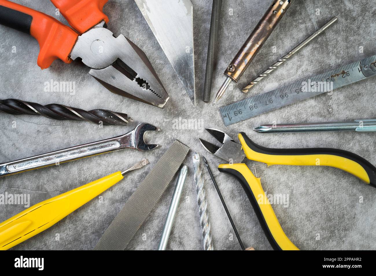 Top view different types tools Stock Photo - Alamy