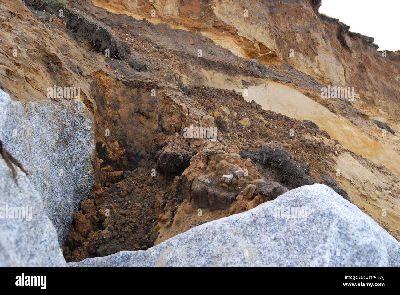 Hole scoured into cliff face above rock revetment flood defence ...