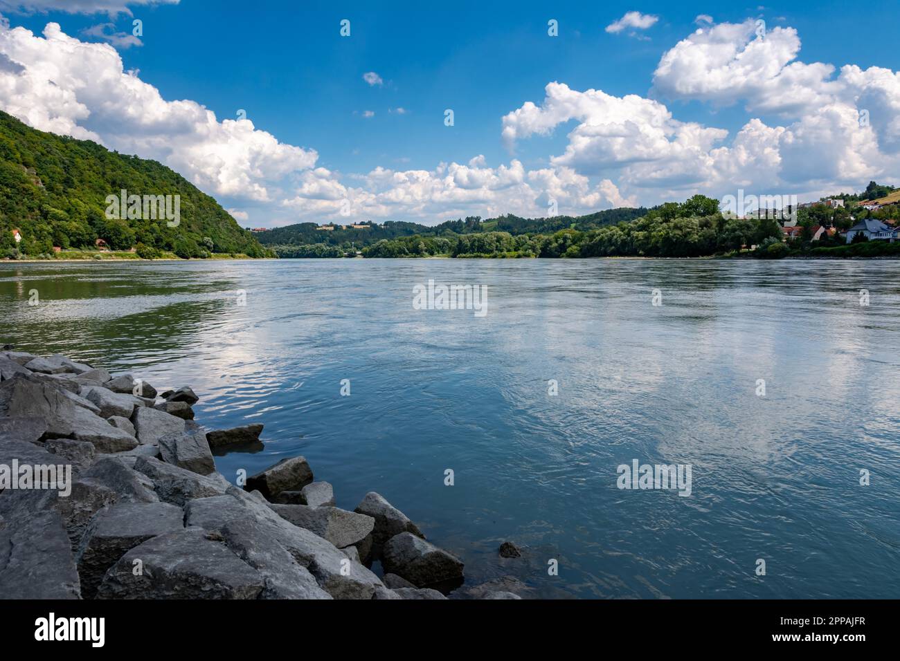 Riverside in Passau (Bavaria) (Germany), the Inn river is flowing into ...