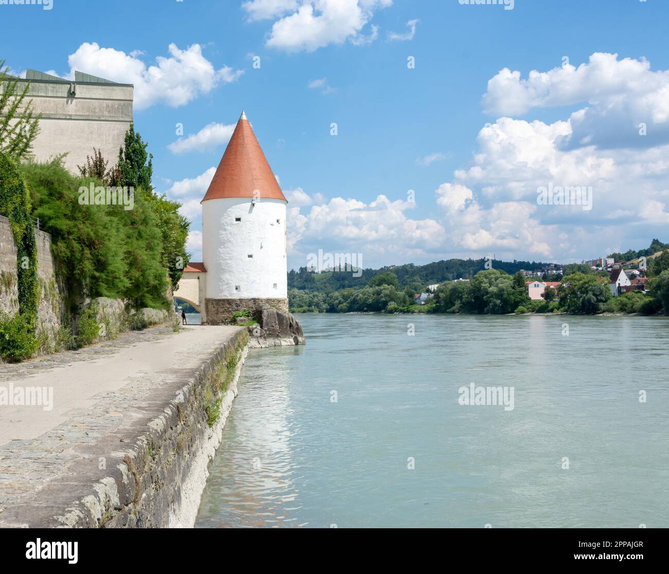 Schaibling Tower at the river Inn promenade in Passau Germany Stock ...