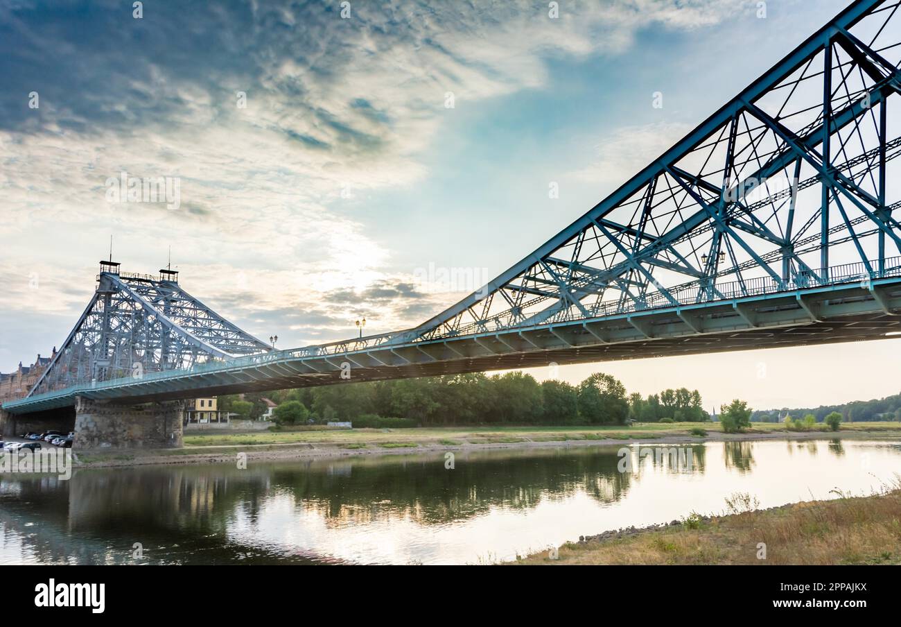 Historic bridge called Blue Wonder accross the river Elbe in Dresden ...