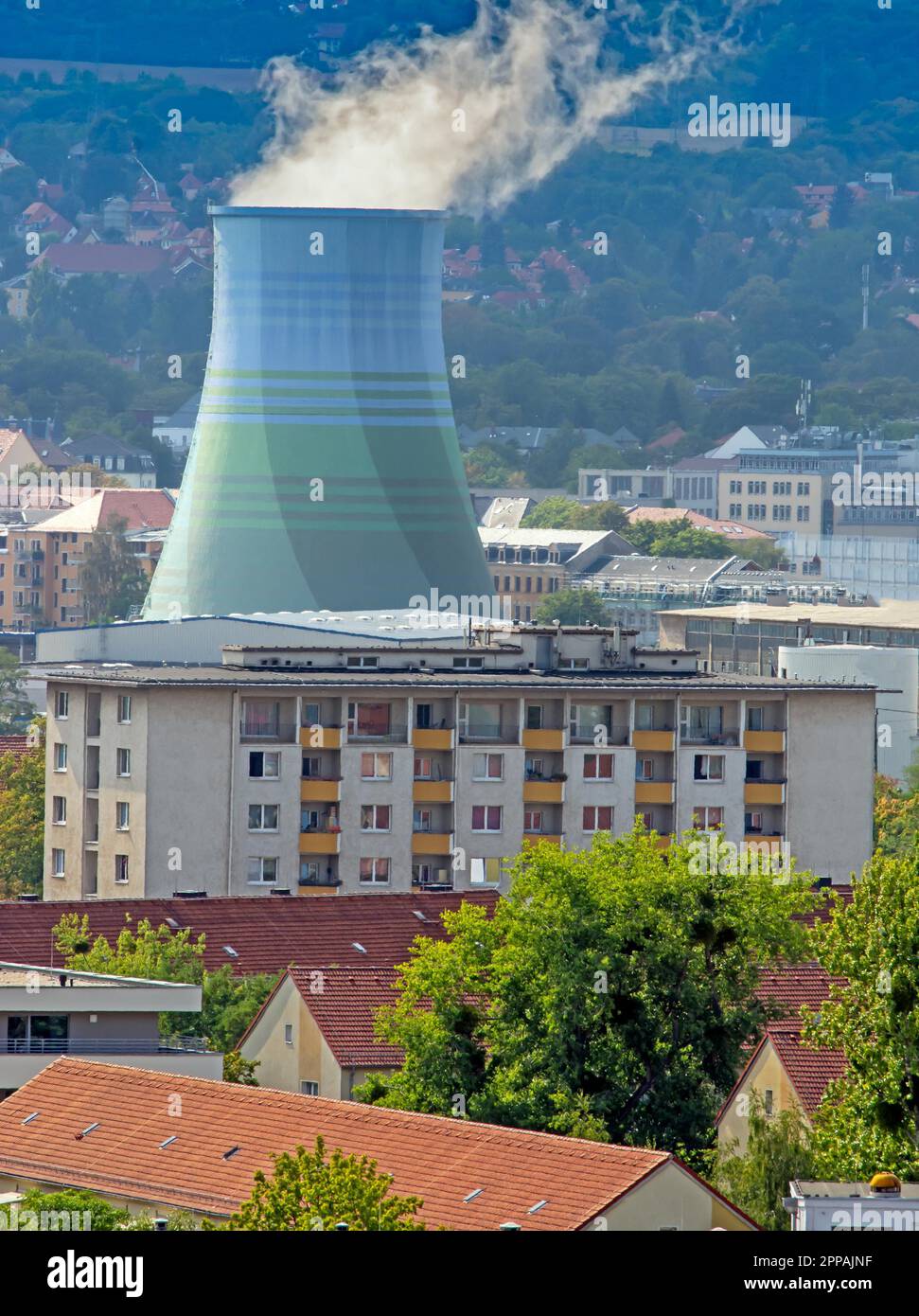 Urban aprartment block in Dresden in front of a cooling tower Stock ...