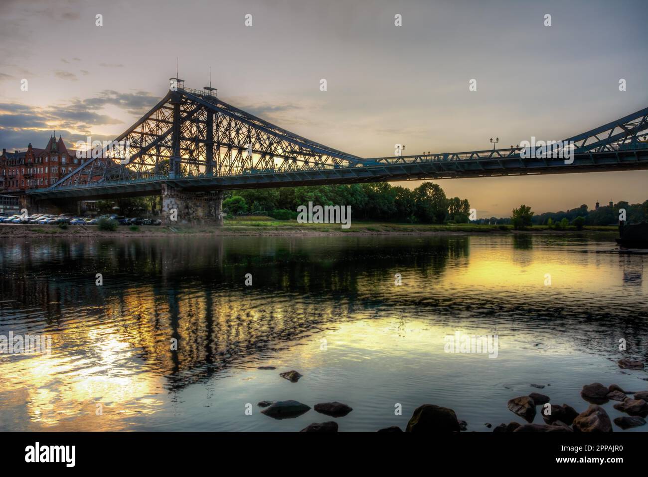 Historic bridge called Blue Wonder accross the river Elbe in Dresden ...
