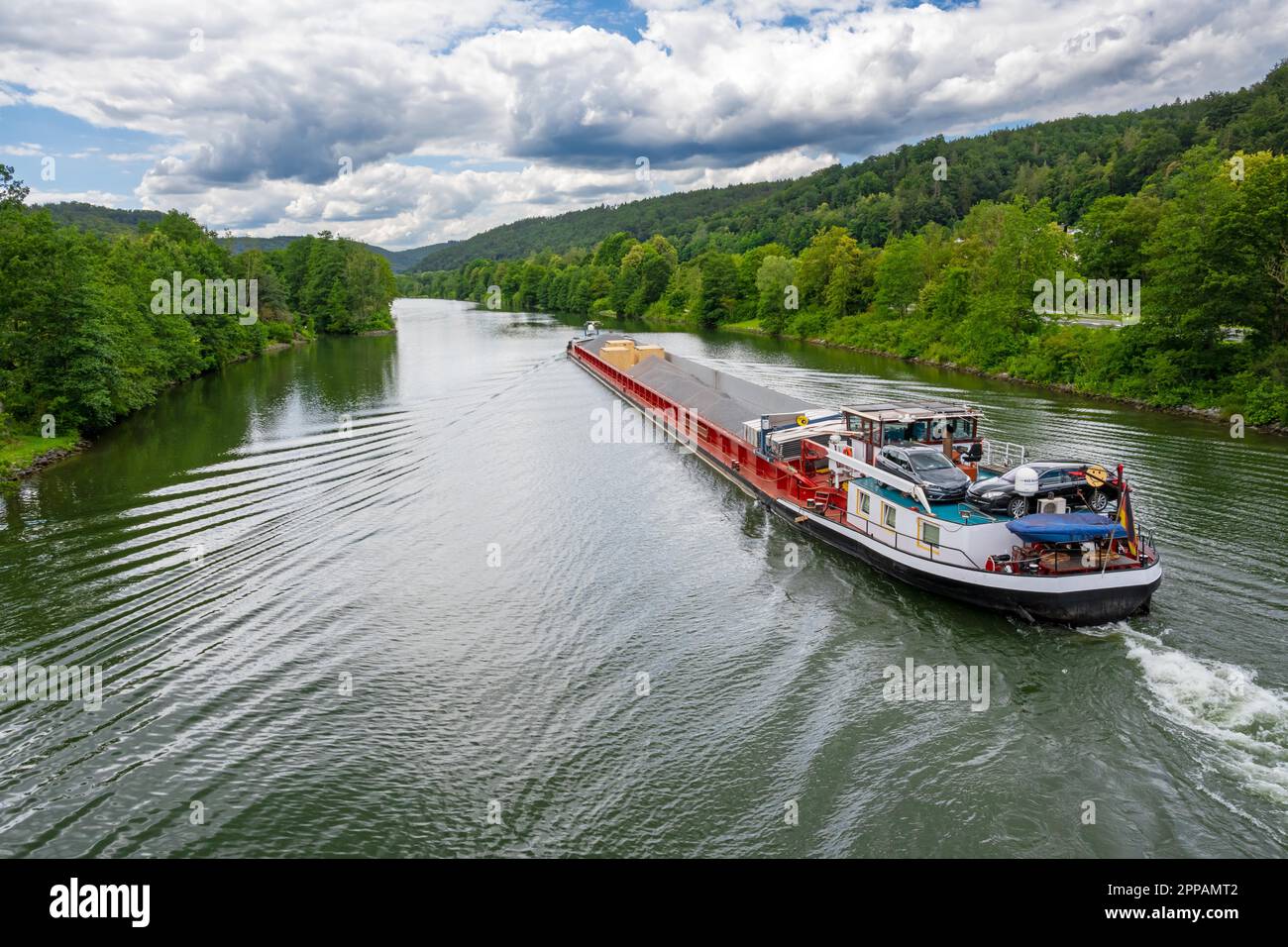 Barge on the river Altmuhel in an idyllic valley (Bavaria) (Germany ...