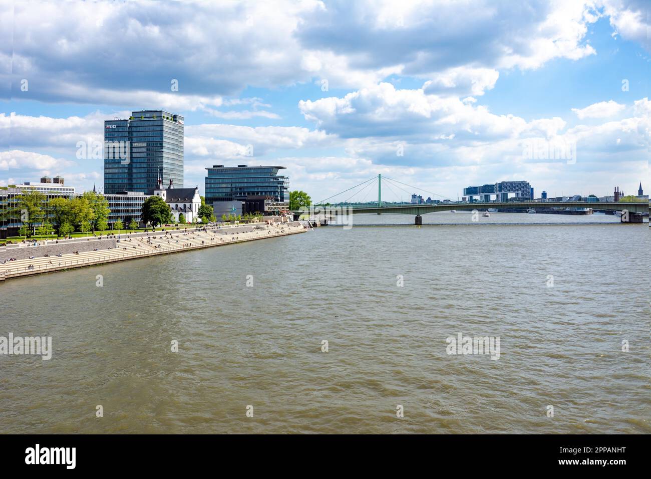 COLOGNE, GERMANY - MAY 12: Waterfront of the river Rhine in Cologne ...