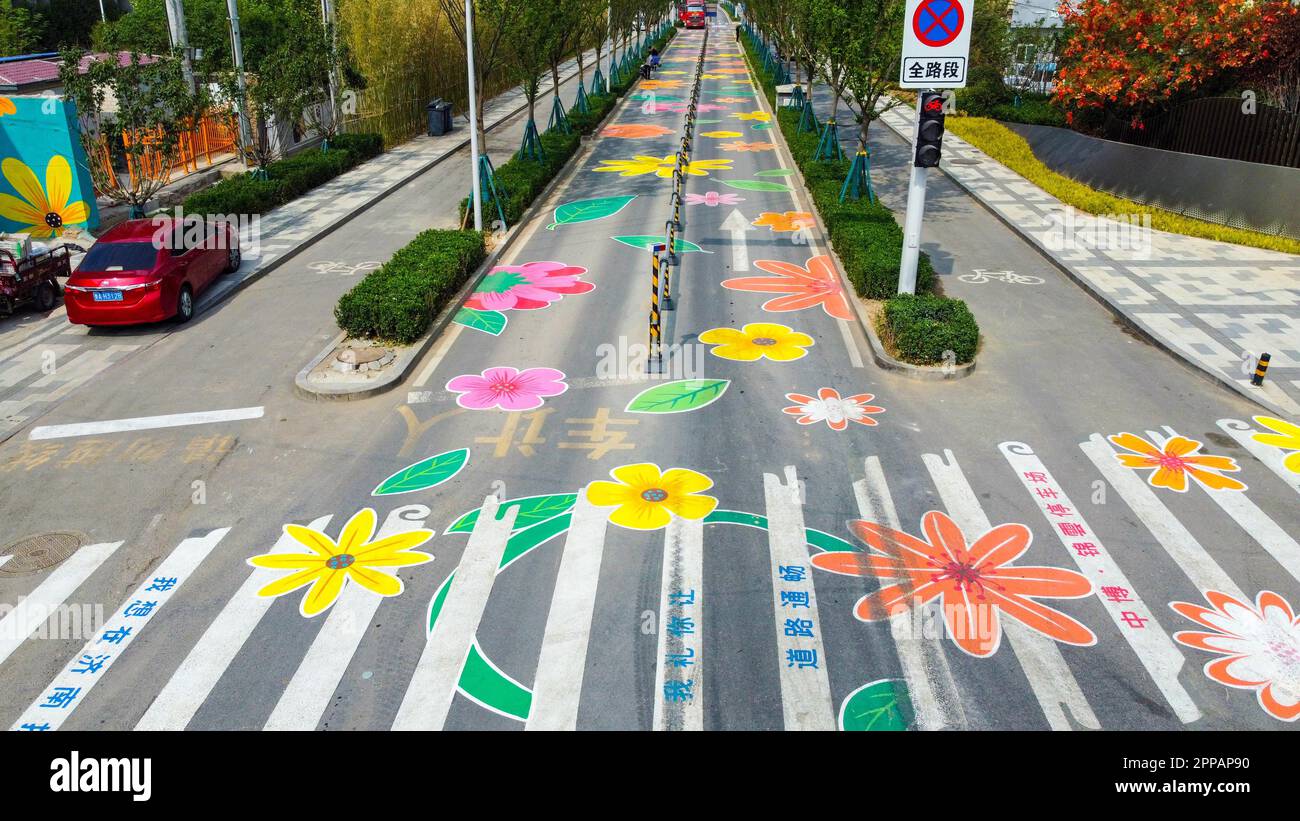 Aerial photo shows the crosswalk painted with flowers in Jinan City ...