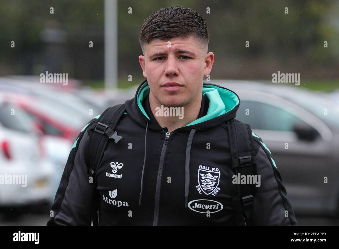 Joe Cator #15 of Hull FC arrives at The MKM Stadium ahead of the ...