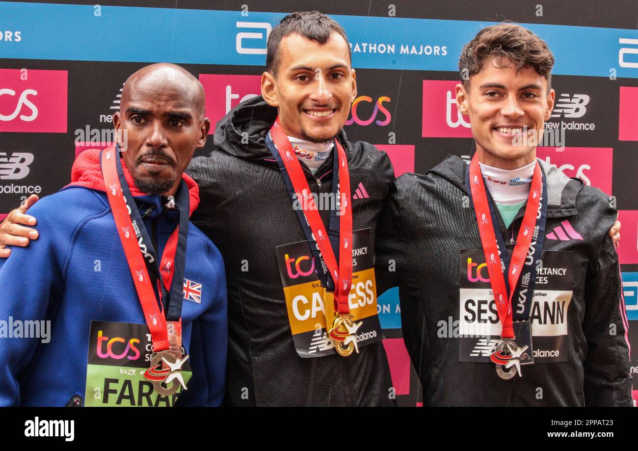 London, UK. 22nd Apr, 2022. Mo Farrah, Emile Cairess and Phil Sesemann ...
