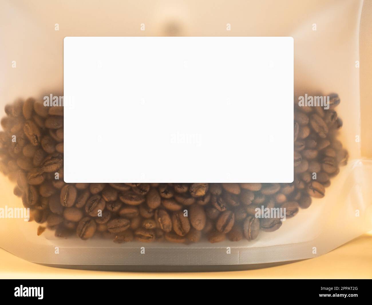 Close-up empty blank white label template on frosted plastic bag coffee ...