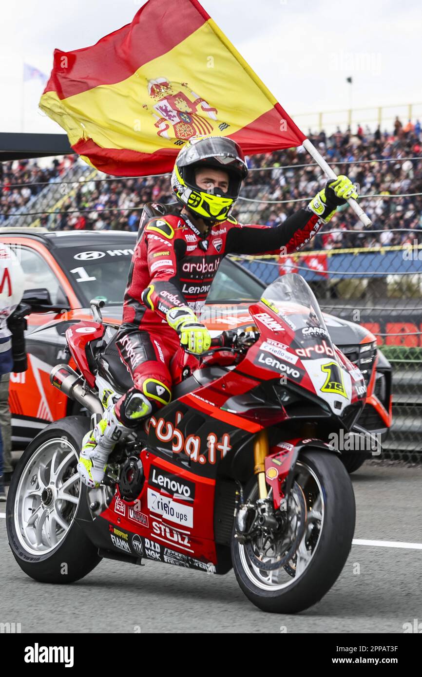 ASSEN - Alvaro Bautista (SPA) cheers with the Spanish flag on his ...