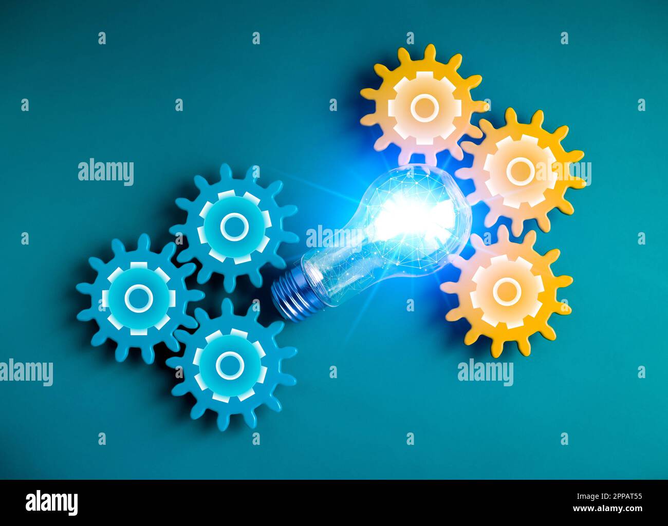 Shiny blue light bulb with polygon link inside connected between blue ...